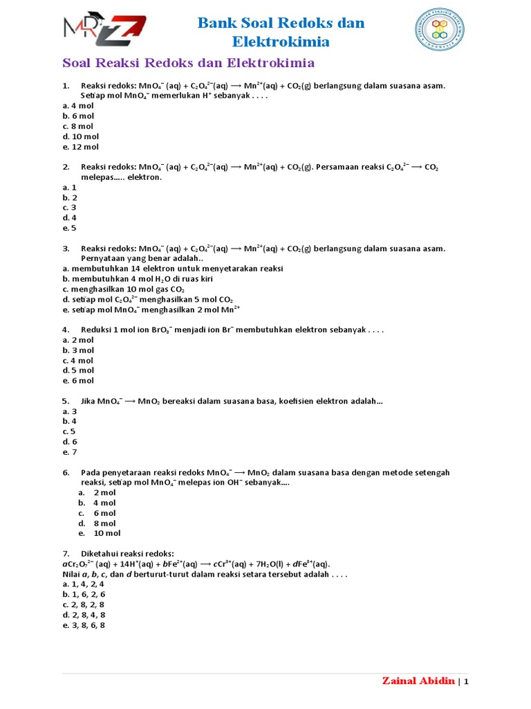 Bank Soal Kelas XII - Reaksi Redoks Dan Elektrokimia | PDF