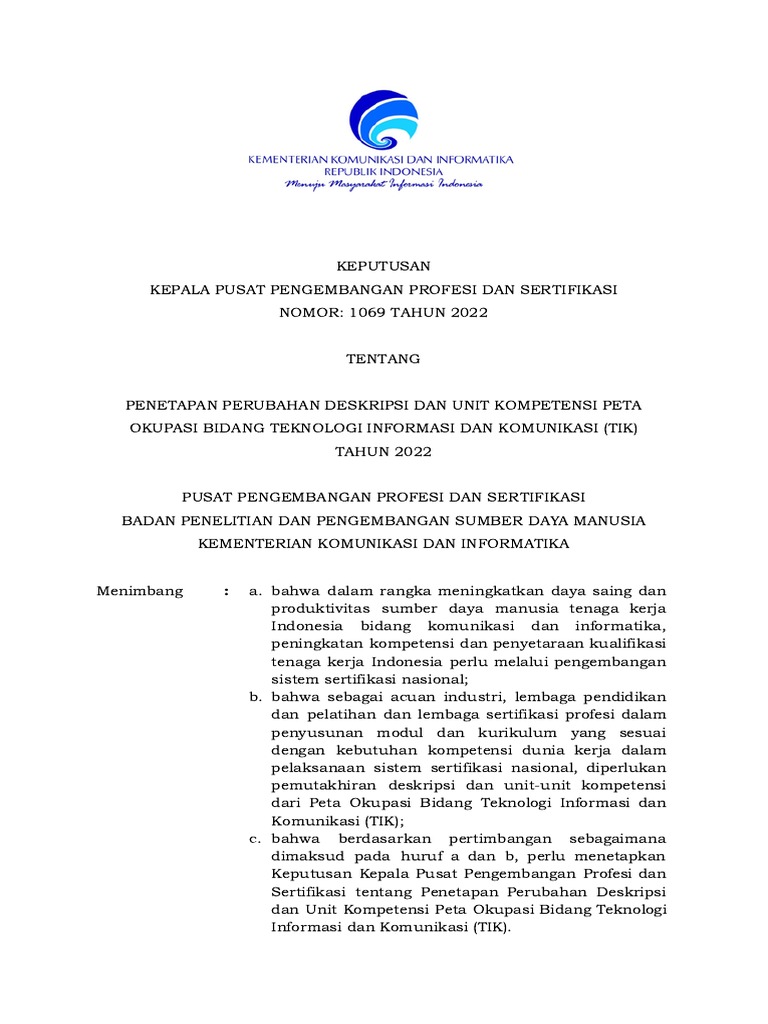 Penetapan Perubahan Deskripsi Dan Unit Kompetensi Peta Okupasi Bidang TIK Tahun 2022 | PDF
