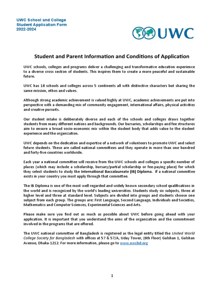 UWC Student Application Form 2022-2024 | PDF | Experience | College