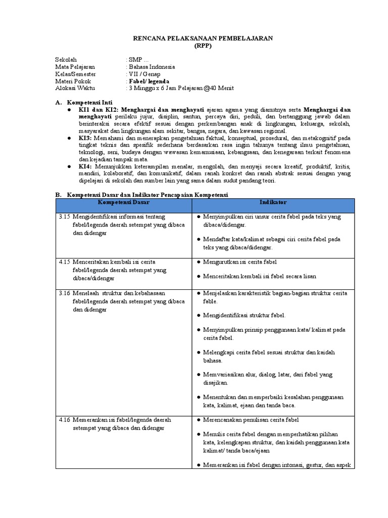 Contoh RPP K13 Bahasa Indonesia Teks Fabel Terbaru Disertai Literasi ...