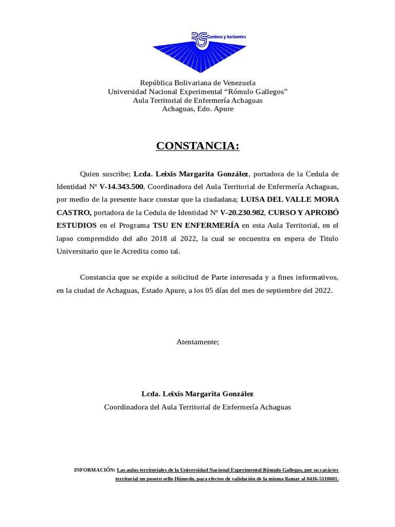 Constancia de estudios y graduación de TSU en Enfermería de Luisa del Valle Mora Castro en la ...