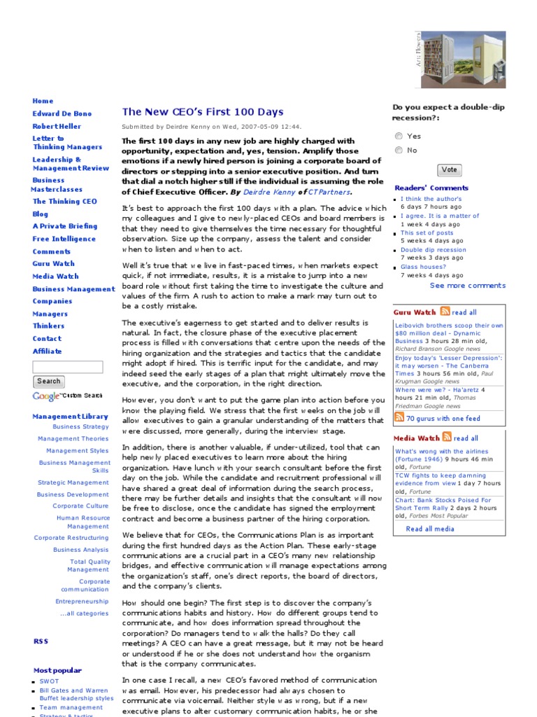 The New CEO's First 100 Days by Deirdre Kenny | PDF | Chief Executive ...