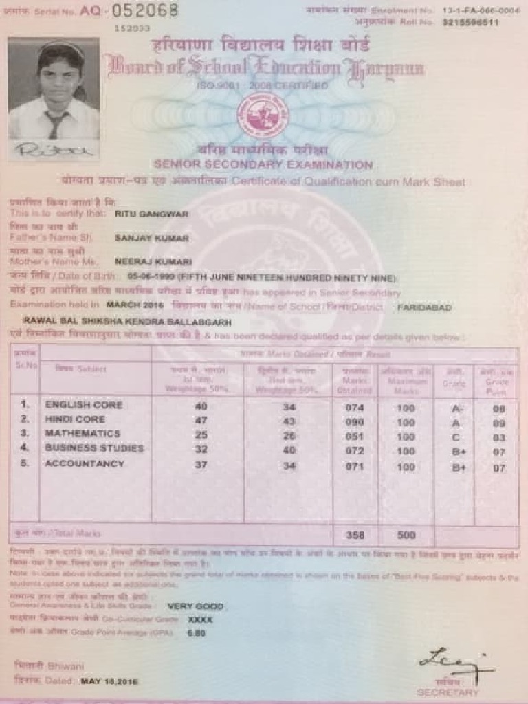 12th Marksheet | PDF