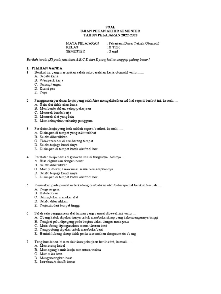 Soal Ujian Pdto Kelas 10 TKR | PDF