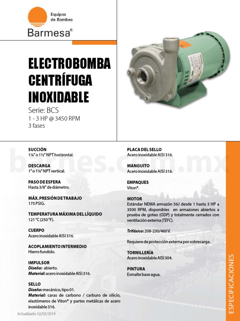 Ficha Tecnica de Bombas Centrifugas en Acero Inoxidable Barnes de Las Series BCS Y BCSF | PDF ...
