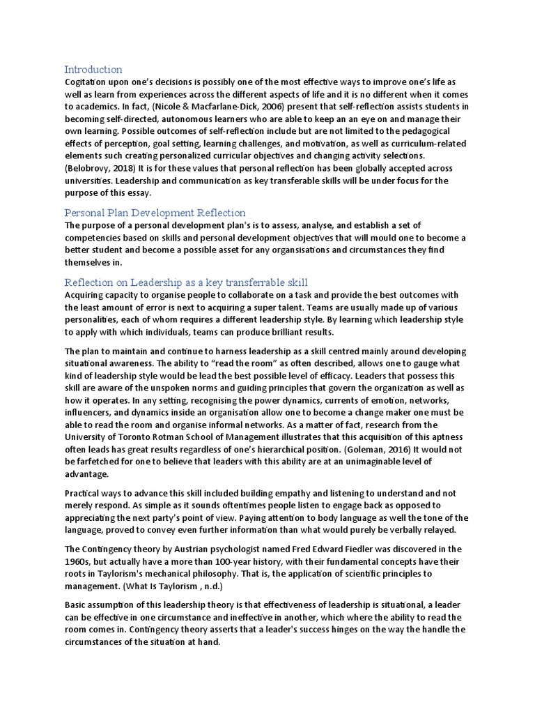 Personal Reflection Essay PPD Draft 1 | PDF | Leadership | Theory