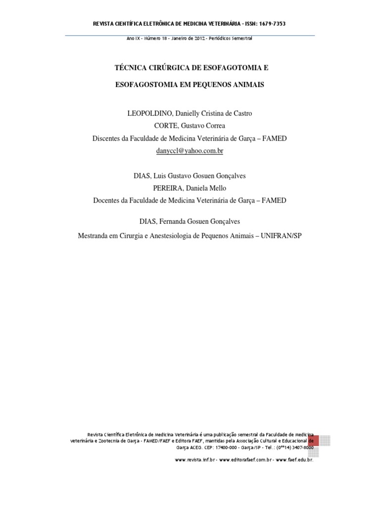 Técnica cirúrgica de esofagotomia e esofagostomia em pequenos animais ...