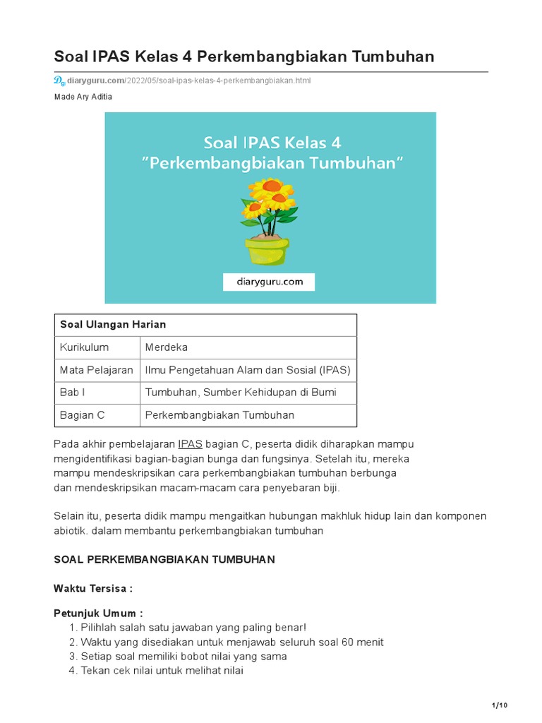 Soal IPAS Kelas 4 Perkembangbiakan Tumbuhan | PDF