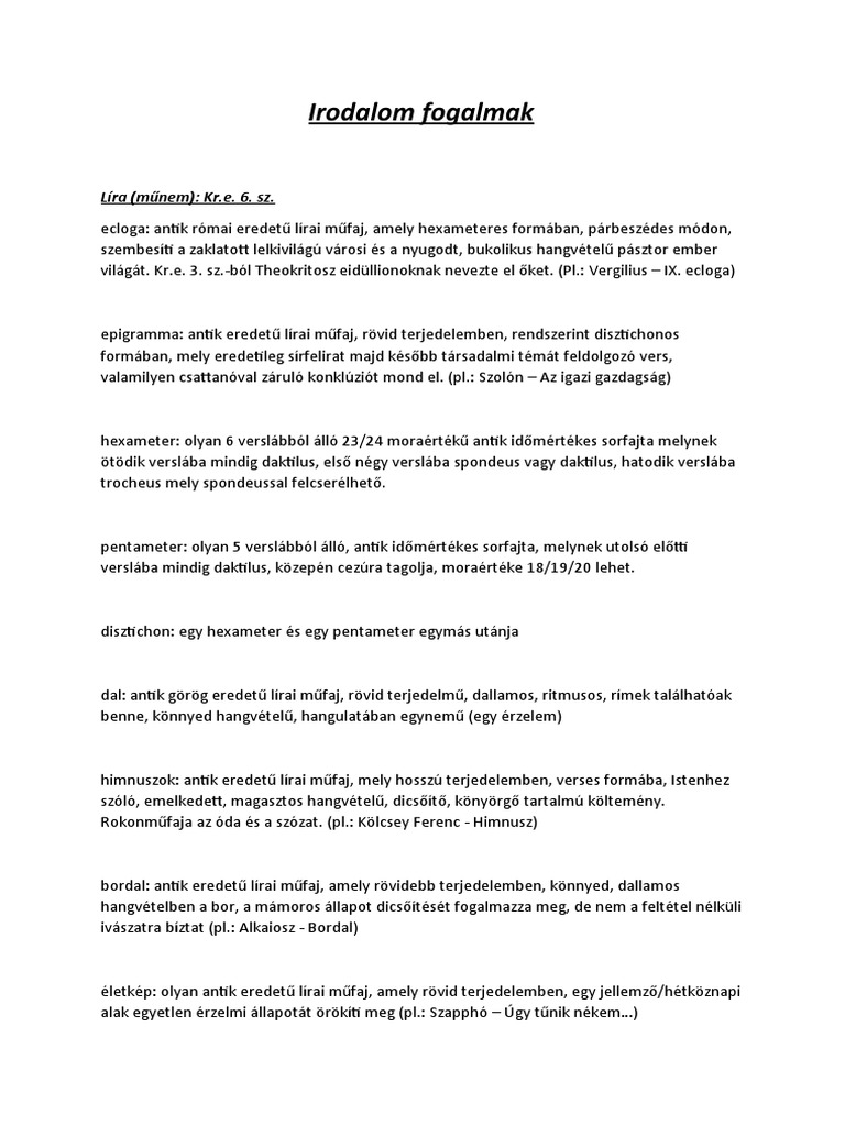 Irodalom Fogalmak | PDF