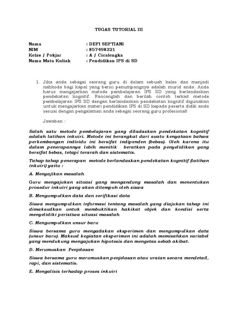 Tugas Tutorial III Pendidikan Ips Di SD Defi Septiani Nim 857498321 | PDF