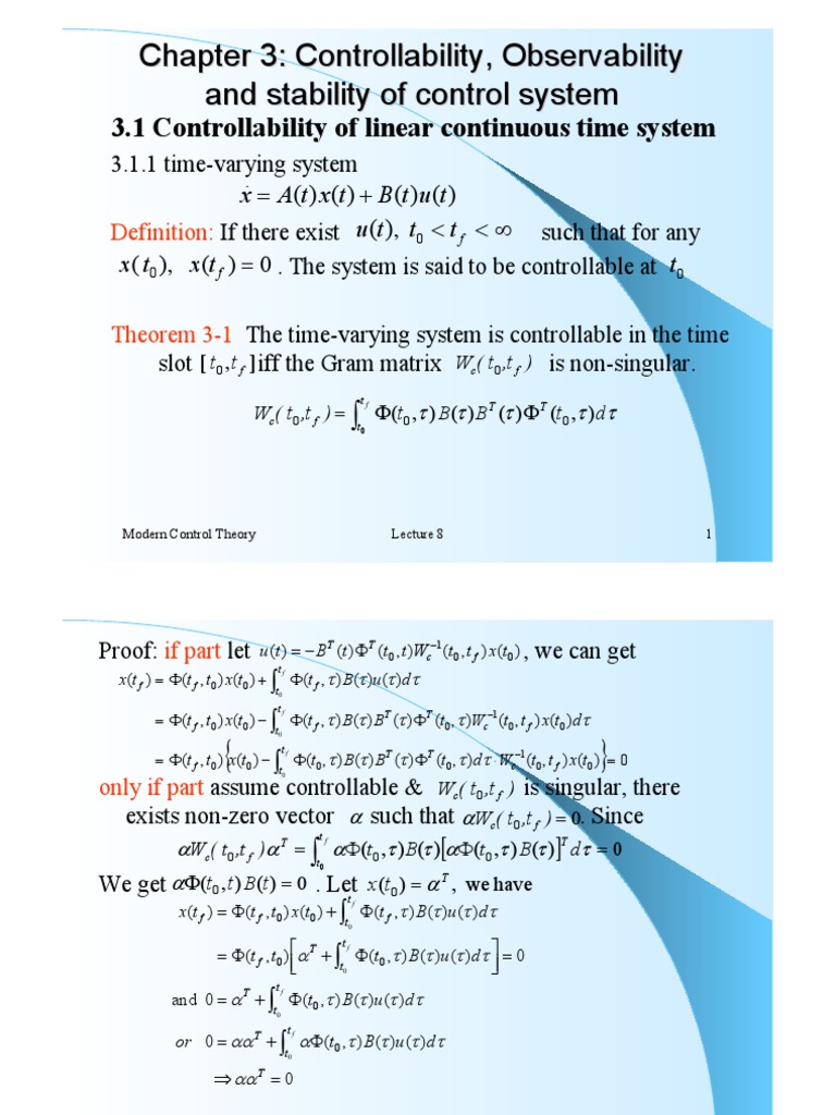 Chapter 3 Stability, Controllability and Observaciltiy | PDF | Stability Theory | Theoretical ...