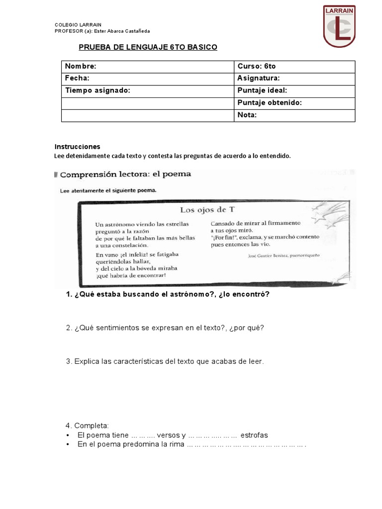 Prueba Lenguaje 6to Basico Listo | PDF