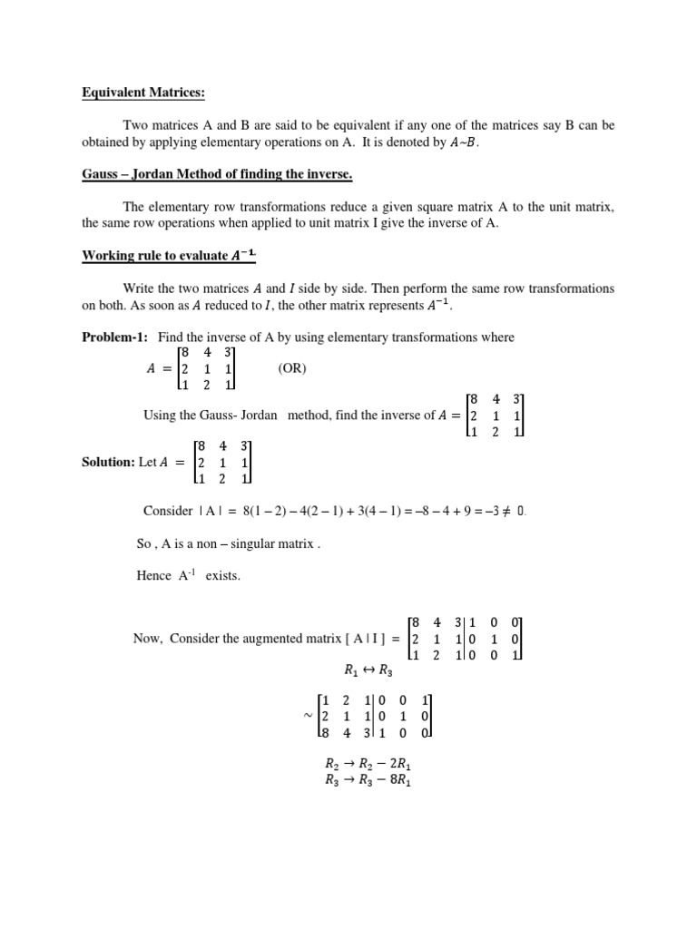 Elementary Transformations of A Matrix and Gauss Jordan Method To Find Inverse | PDF | Matrix ...