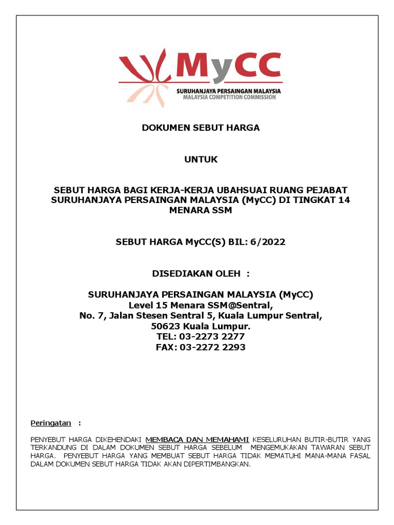 DOKUMEN SEBUTHARGA - Bil 6 - 2022 - Kerja-Kerja Ubahsuai Ruang Pejabat MyCC Di Tingkat 14 Menara ...