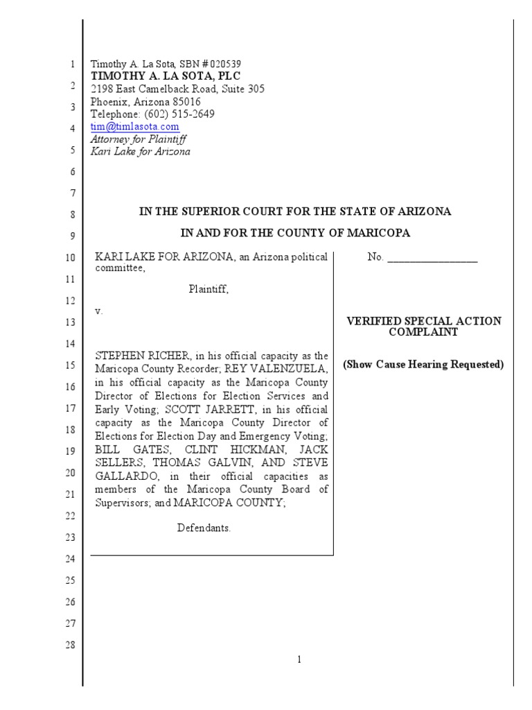 Kari Lake For Arizona v. Richer, Valenzuela, Jarrett, Gates, Hickman ...