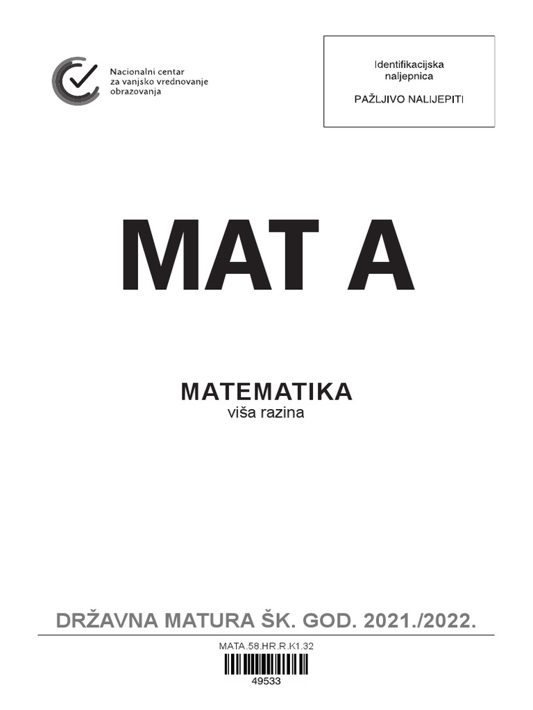 Ispit Iz Državne Mature Matematika 2022 Visa Raziina | PDF