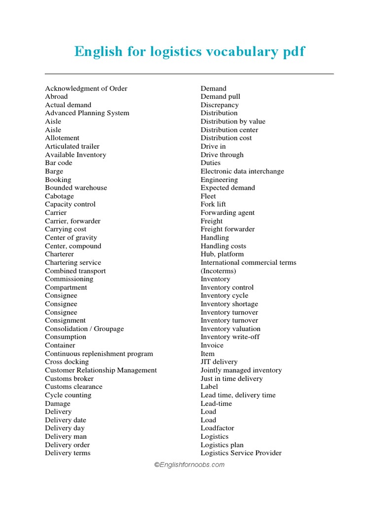 English For Logistics Vocabulary | PDF | Warehouse | Logistics