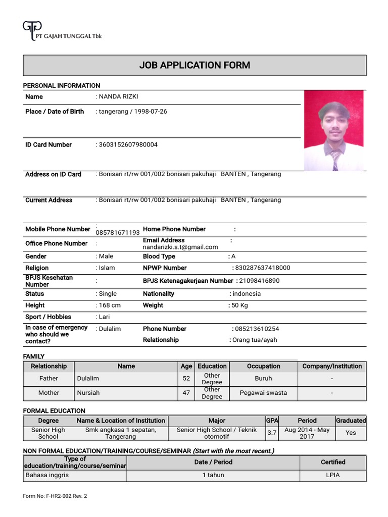 Application Form Gajah Tunggal | PDF