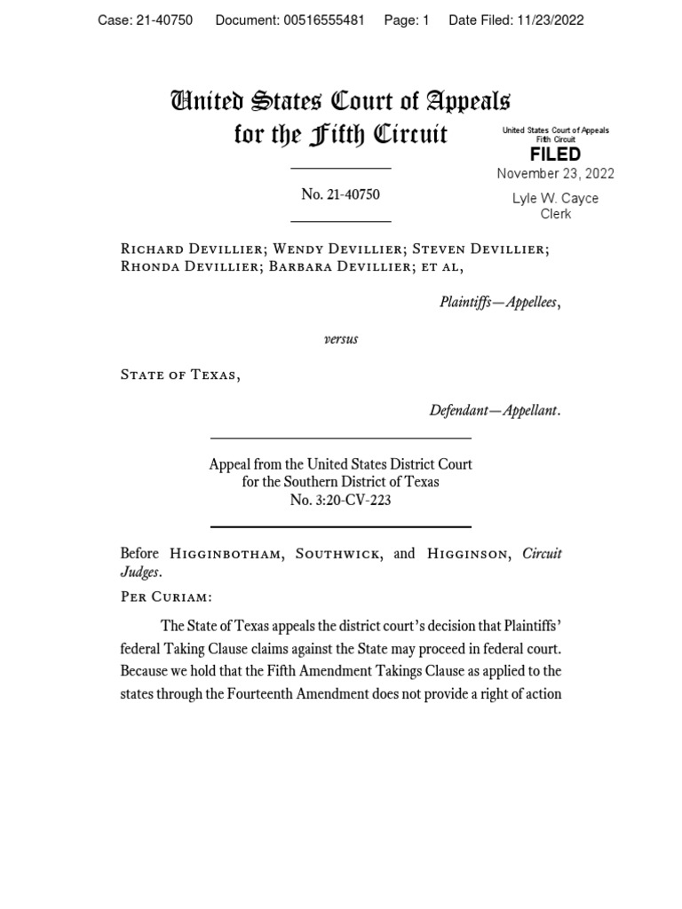 Devillier v. State of Texas, No. 21-40750 (5th Cir. Nov. 23, 2022) (Per ...