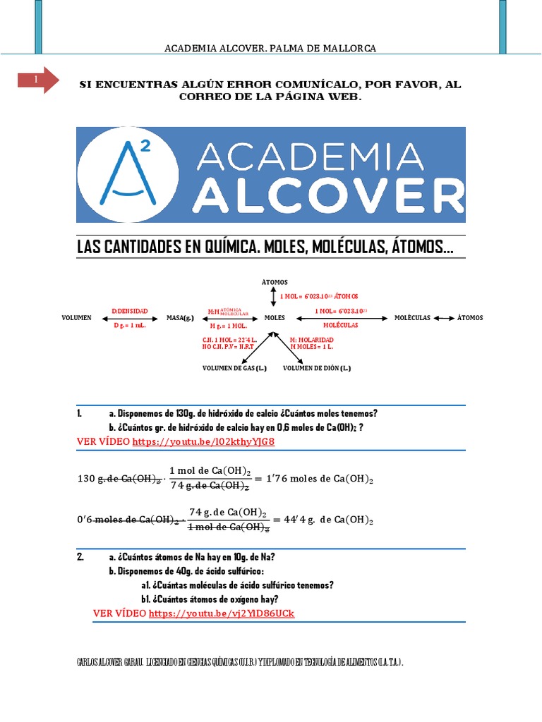 Ejercicios Con Soluciones Moles-moleculas-Atomos 1 Bach PDF | PDF