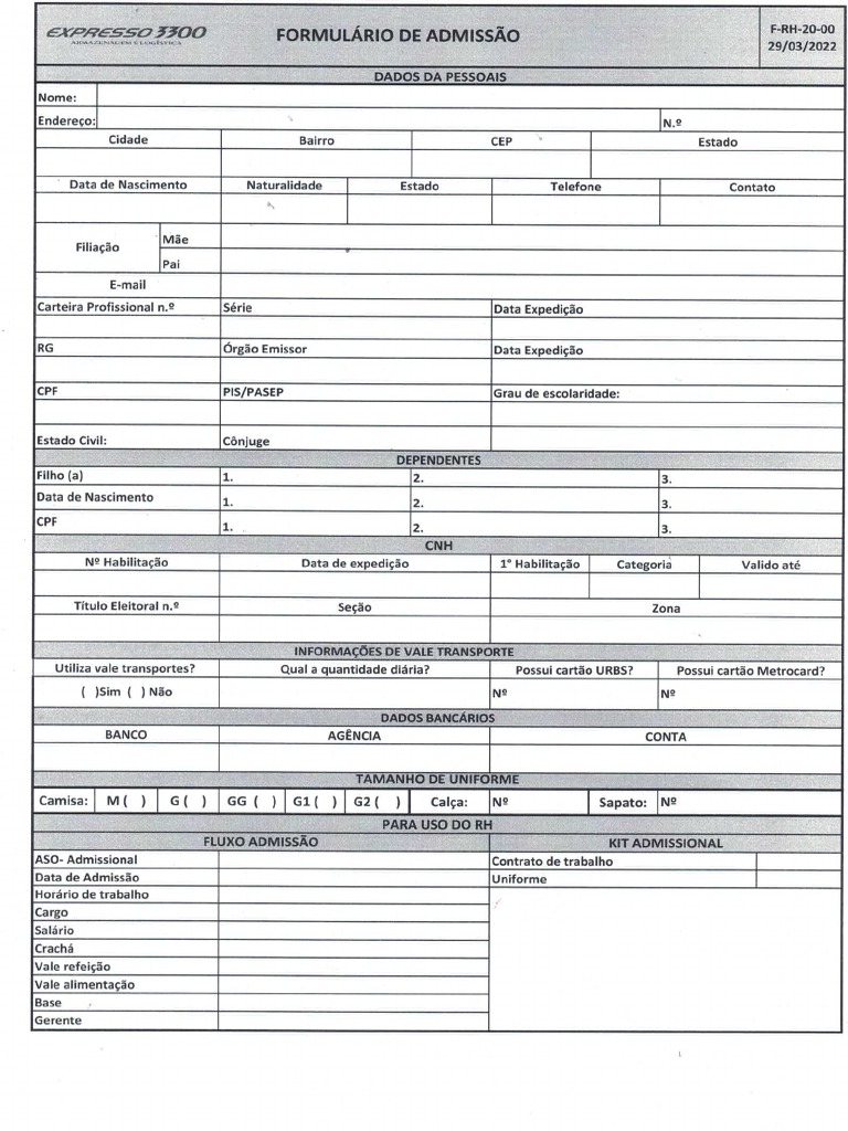Formulário de Admissão | PDF