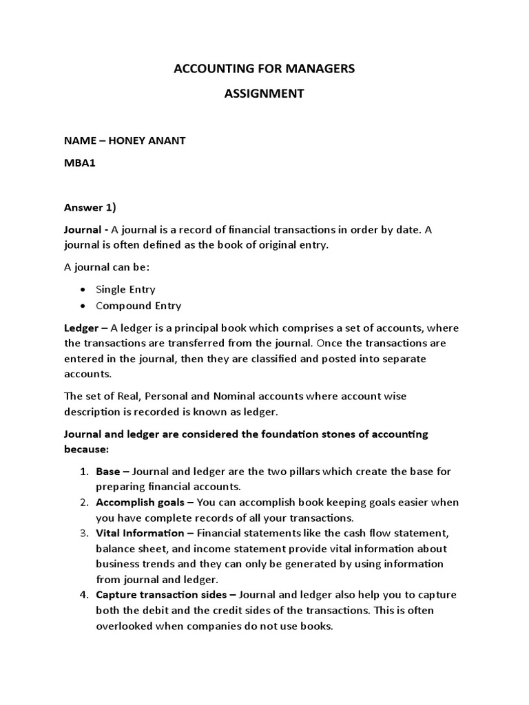 Accounting For Managers Assignment Honey | PDF | Debits And Credits | Financial Accounting
