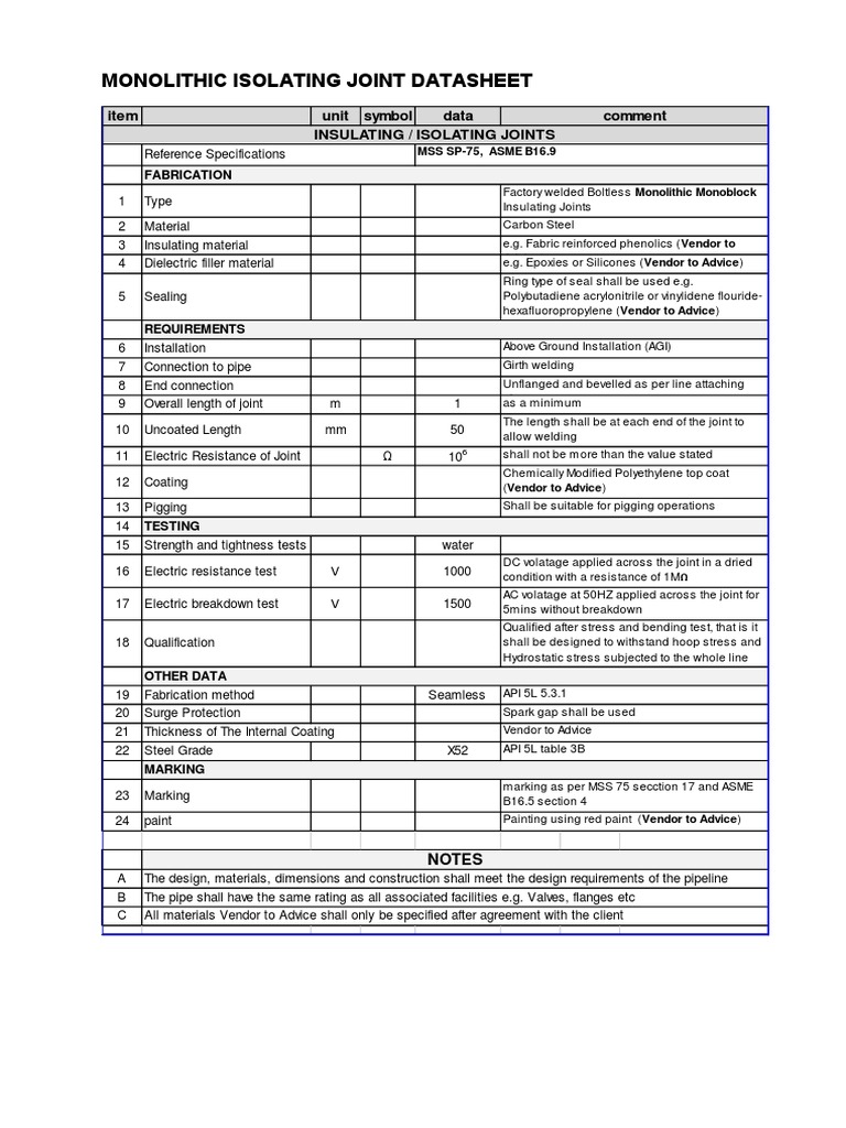 Monolithic Isolating Joint Datasheet | PDF | Pipe (Fluid Conveyance ...