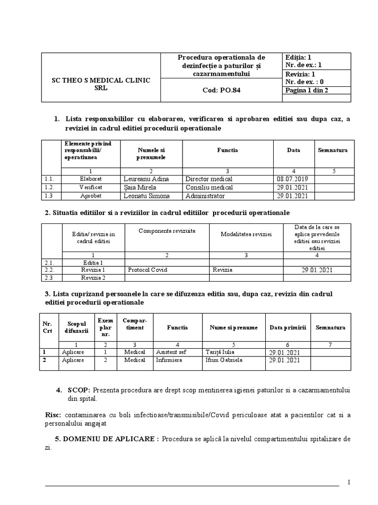 R1 Procedura Operationala de Dezinfectie Paturi Si Cazarmament | PDF
