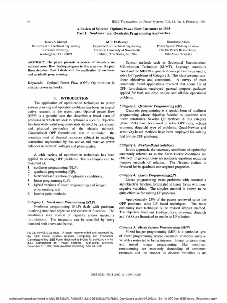 A Reviewof Selected Optimal Power Flow Literature To 1993. I Nonlinea and Quadratic Programming ...