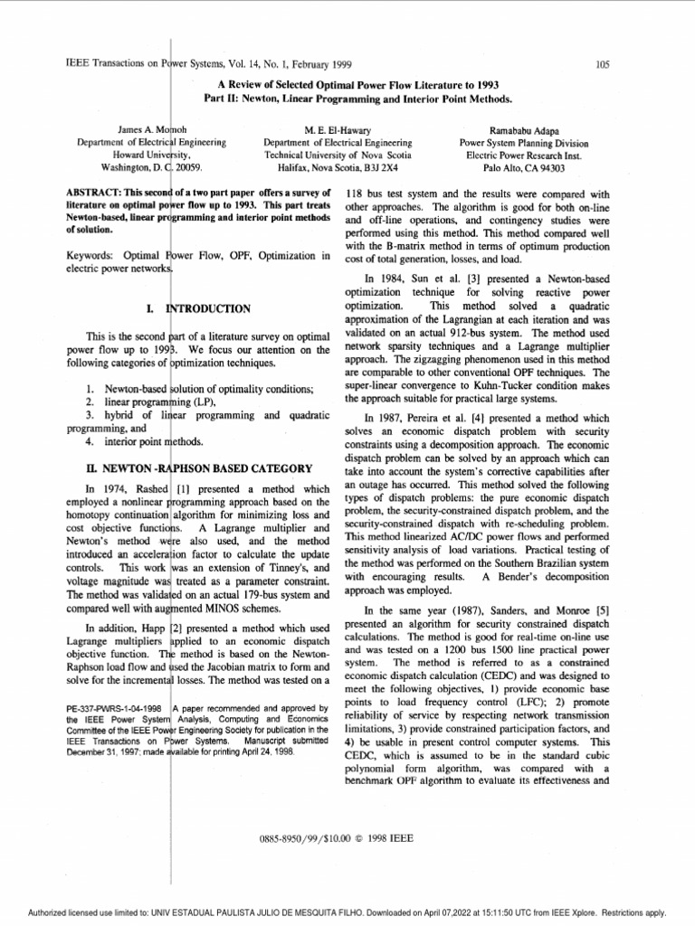 A Reviewof Selected Optimal Power Flow Literature To 1993 Ii Newtonlinear Programming And 