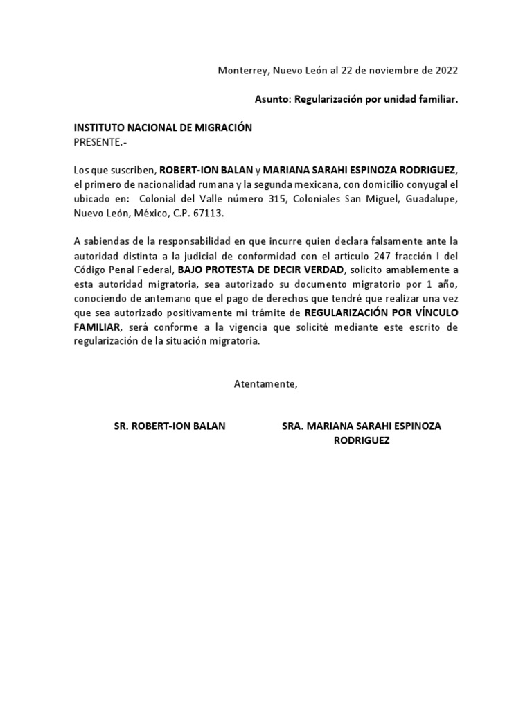 Solicitud de Regularización Familiar | PDF