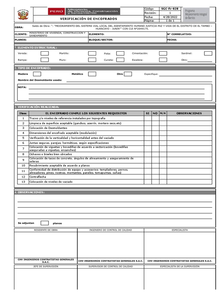 SGC-Fr-028 Verificación de Encofrados | PDF | Ingeniería de Edificación | Ingeniería