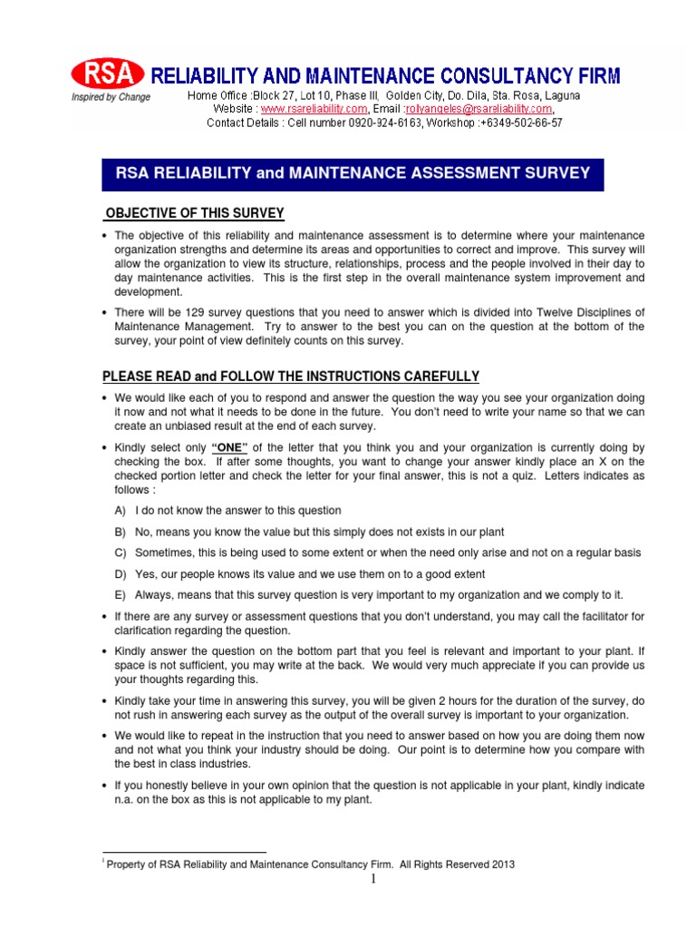 Maintenance Assessment Questionnare | PDF | Reliability Engineering ...