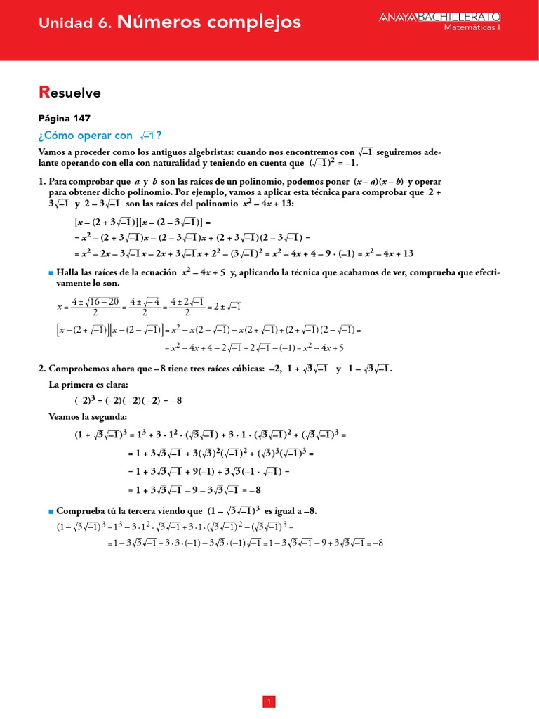 WP ContentuploadsMatematicas I Anaya 1oBACH Tema 6 Numeros Complejos PDF | PDF | Número complejo ...