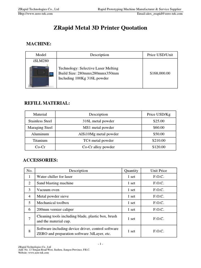 ZRapid ISLM280 3D Printer Quotation | PDF