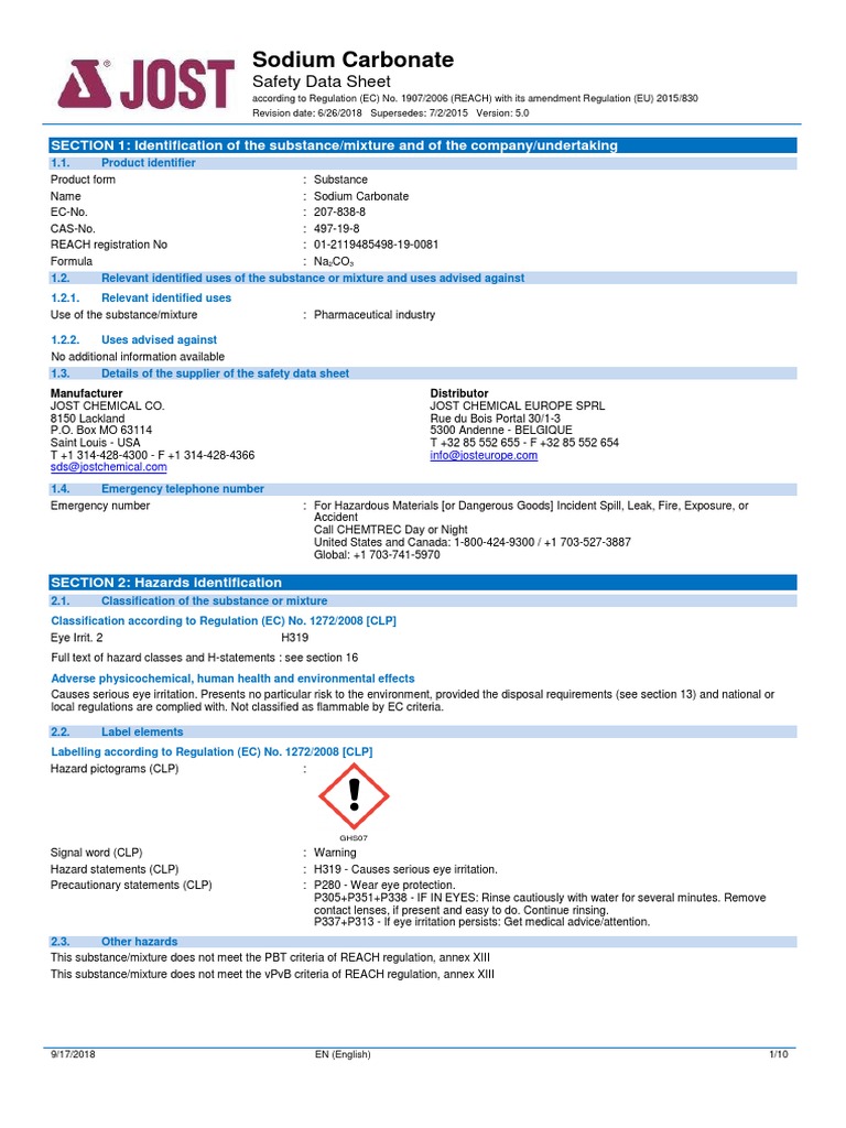 Jost Sodium Carbonate Anhydrous | PDF | Toxicity | Occupational Hygiene