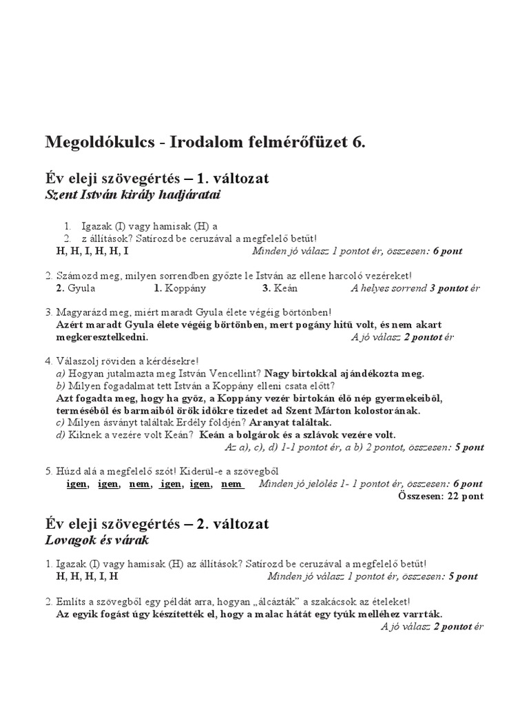 Megoldókulcs Irodalom 6. Feladatlapok | PDF
