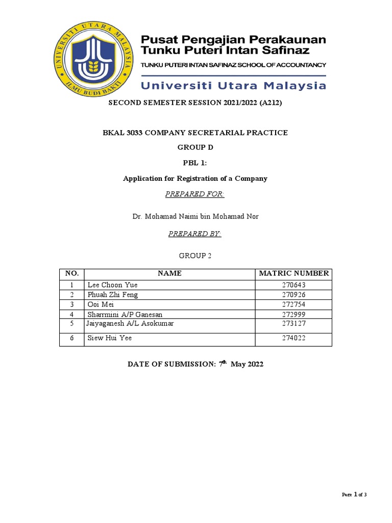 BKAL3033 - D - PBL1 Application For Registration of A Company (GROUP 2) | PDF | Public Law ...