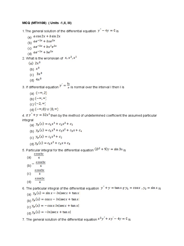 MTH174 Mcqpractice | PDF | Differential Equations | Mathematical Analysis