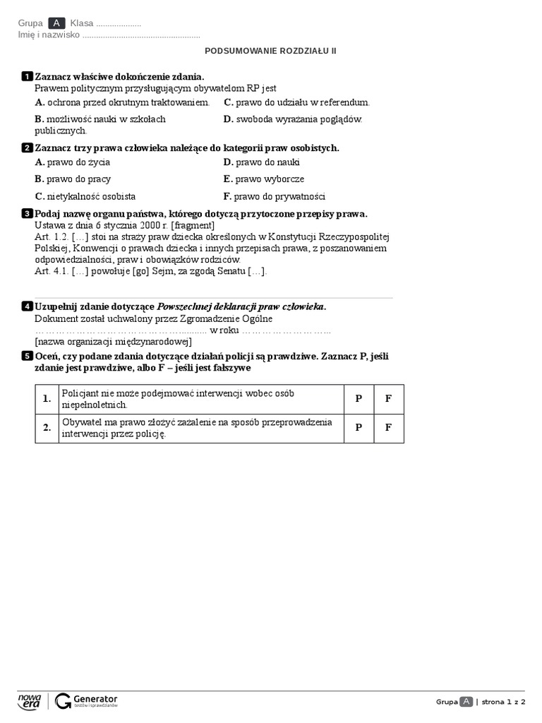Grupa Klasa .................... Imię I Nazwisko