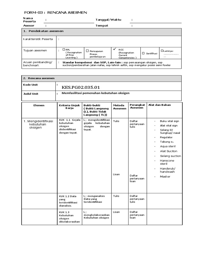 Rencana Asesmen Pemenuhan Oksigen | PDF
