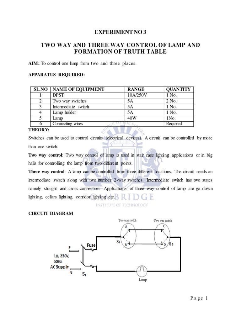 Two Way and Three Way Control of Lamp and Formation of Truth Table. 3 | PDF
