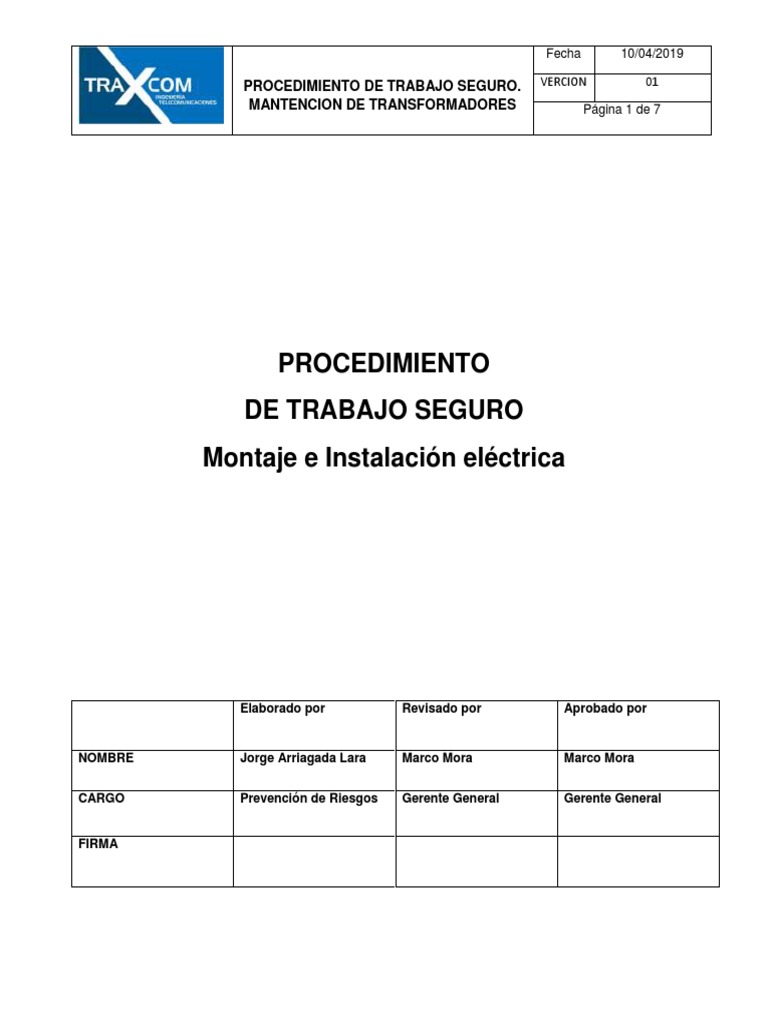 Procedimiento de Trabajo Seguro Montaje e Instalación | PDF | Seguridad y salud ocupacional
