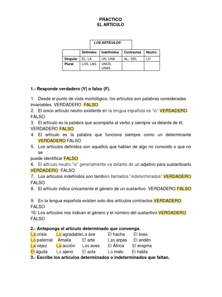 Artículos en Español: Definición y Ejercicios | PDF | Idiomas ...
