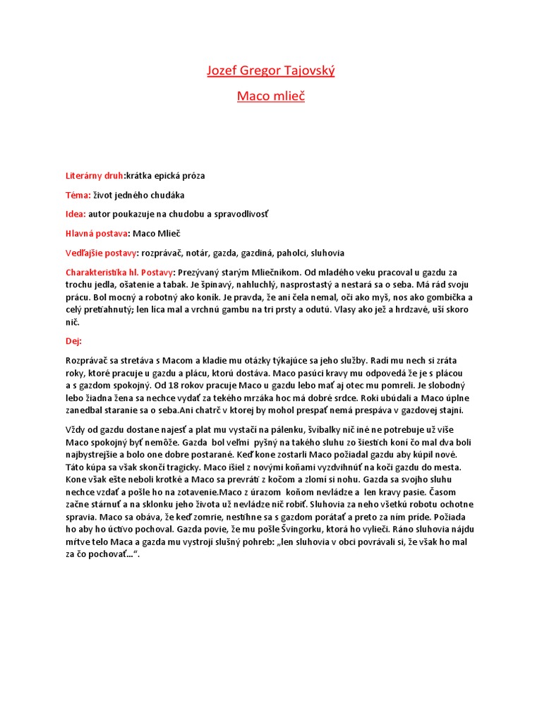 Jozef Gregor Tajovský - Maco Mlieč | PDF