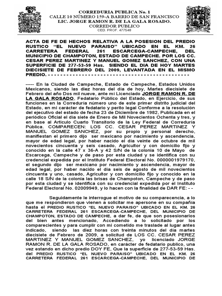 Acta de Fe de Hechos de Posesion Cesar Perez Martinez y Manuel Gomez ...