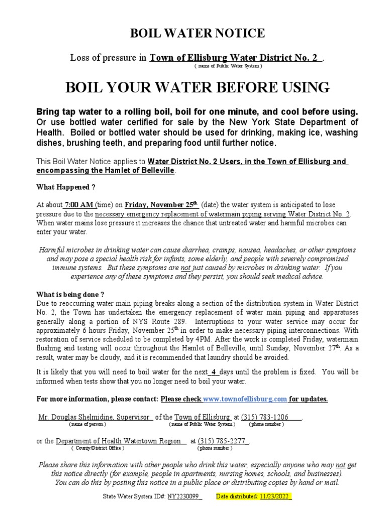 Town of Ellisburg Boil Water Notice 11.22 | PDF | Water | Health Care