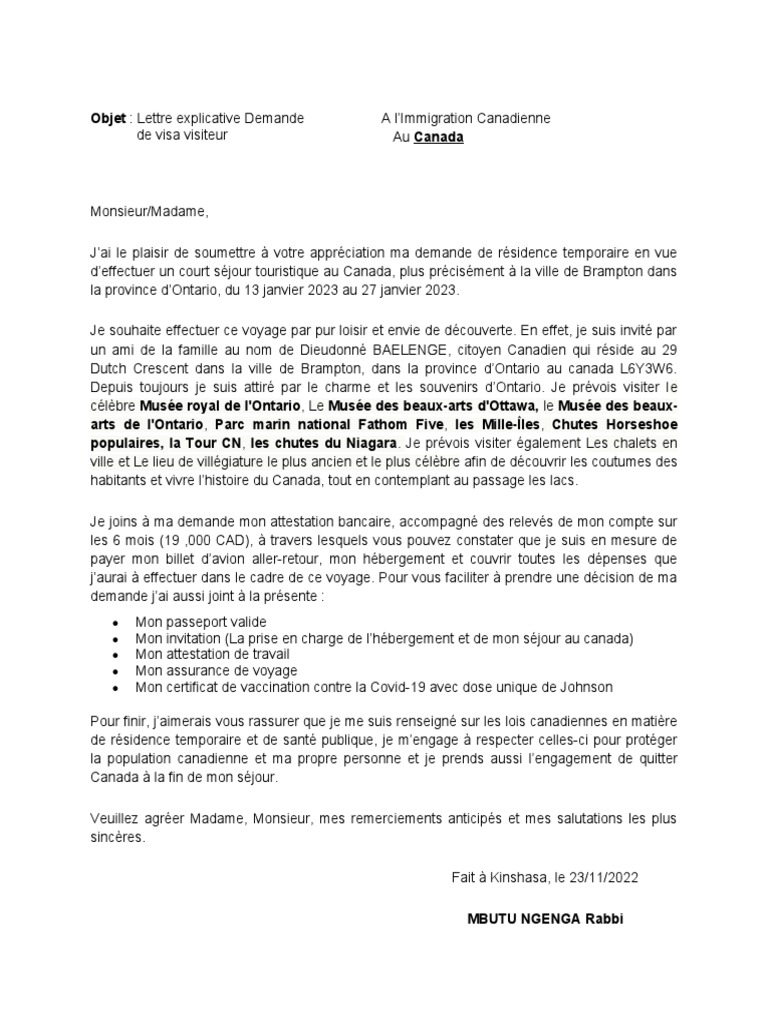 Lettre explicative pour visa touristique | PDF