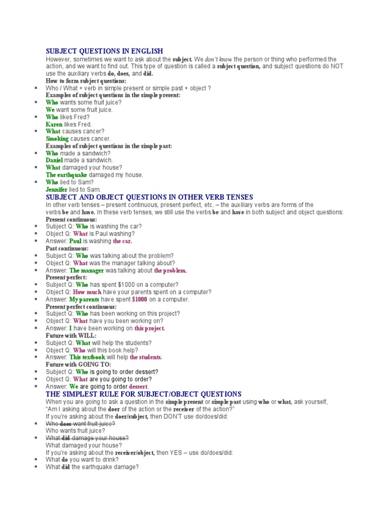Subject Questions in English | PDF | Verb | Semantic Units