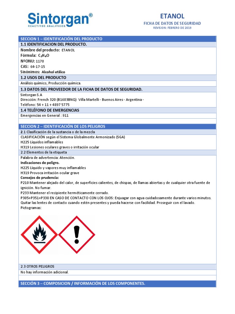 Etanol Hoja de Seguridad | PDF | Etanol | Materiales